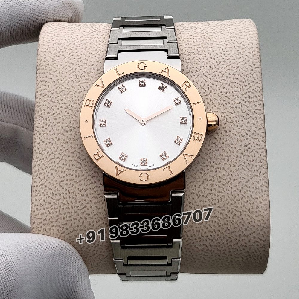 Bvlgari Bvlgari Stainless Steel Rose Gold Bezel Silver Sunray Dial 33mm ...